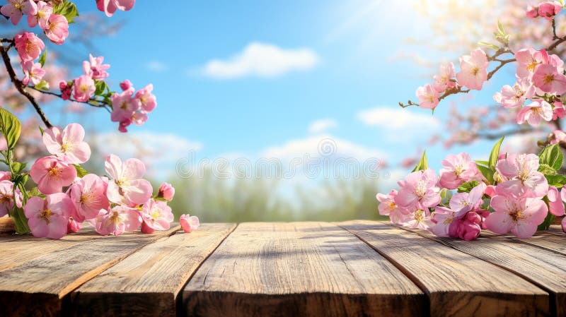 Pink Blossoms Frame Wooden Table Spring Scene Stock Photo - Image of ...