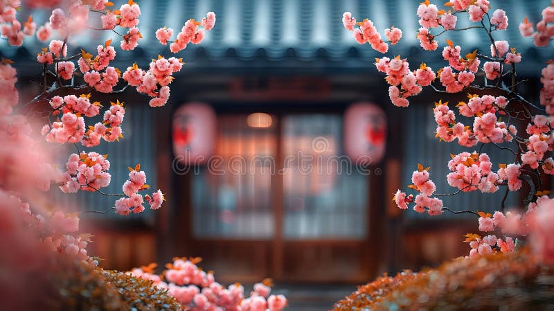 Pink Blossoms Framing a Traditional Building Illustration Stock ...