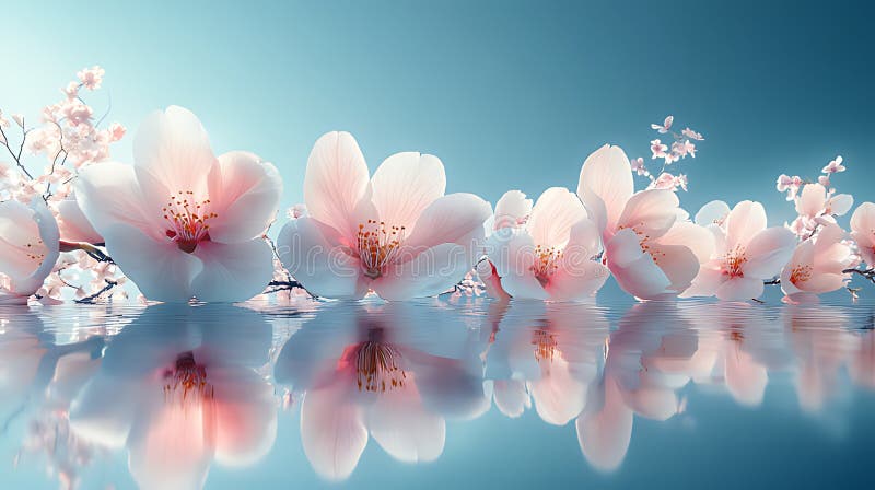 Pink Blossoms Reflecting on Calm Water, Spring Sky Stock Illustration ...