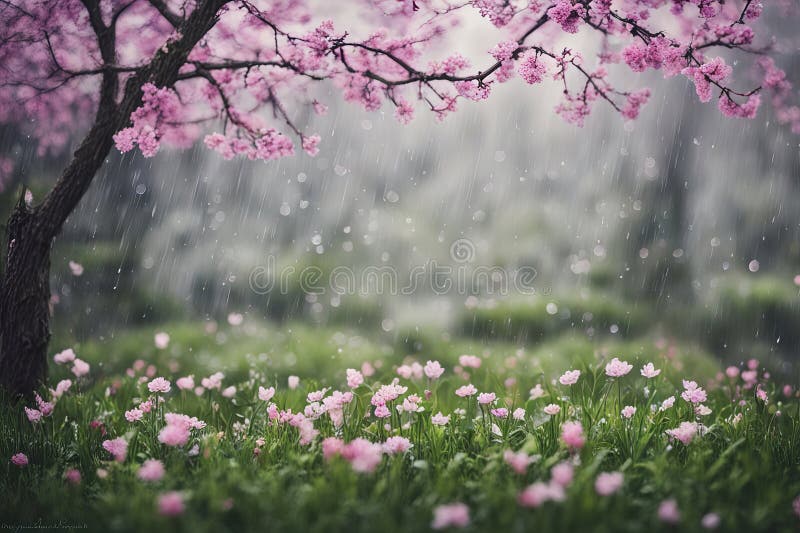 Pink Blossoms on a Tree Branch and Wildflowers Below Thrive Under a ...