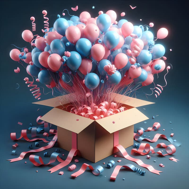 Pink and Blue Balloons Exploding from a Gift Box with Ribbons and ...