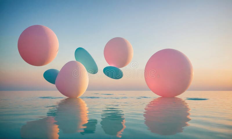 Pink and Blue Balloons Float Over a Still Body of Water at Sunset Stock ...