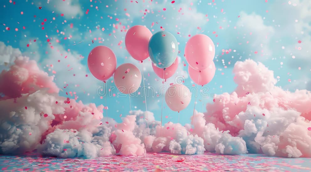 Pink and Blue Balloons Floating Above Fluffy Clouds with Confetti ...
