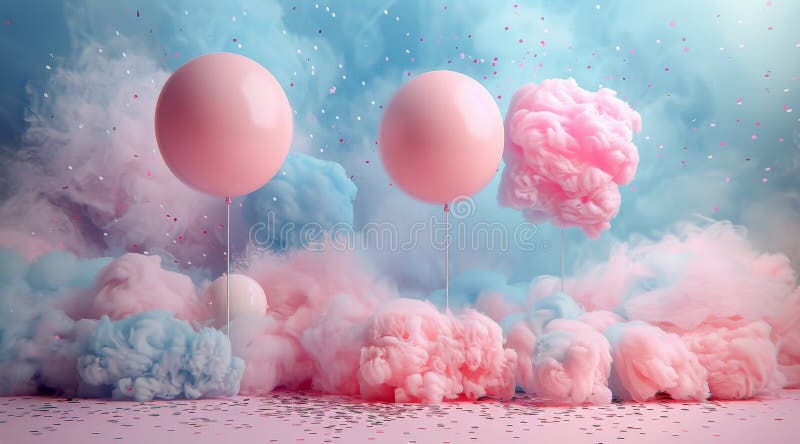 Pink and Blue Balloons Floating Above Fluffy Clouds with Confetti ...