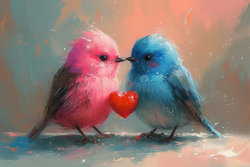 Pink and Blue Birds Sharing a Heart Against an Abstract Background ...