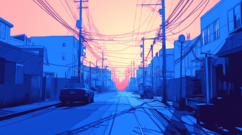 Pink and Blue City Street at Sunset Stock Illustration - Illustration ...