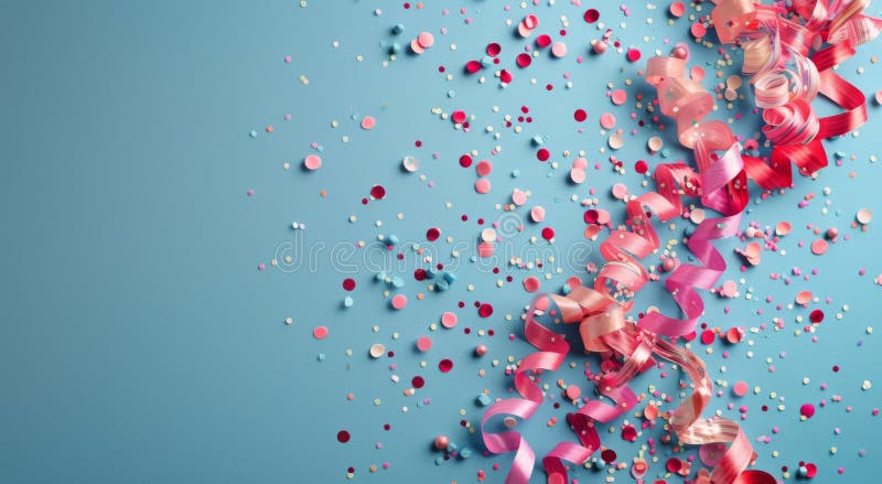 Pink and Blue Confetti and Ribbon Scattered on a Blue Background Stock ...
