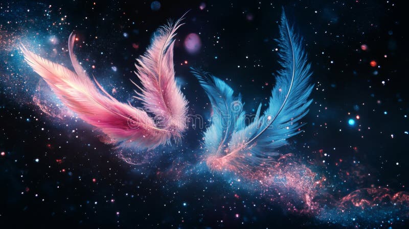 Pink and Blue Cosmic Feathers in a Starry Galaxy Stock Illustration ...