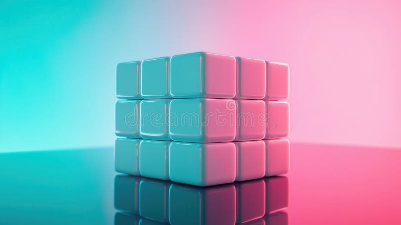 Pink and Blue Cube Structure Reflecting on Gradient Background Stock ...