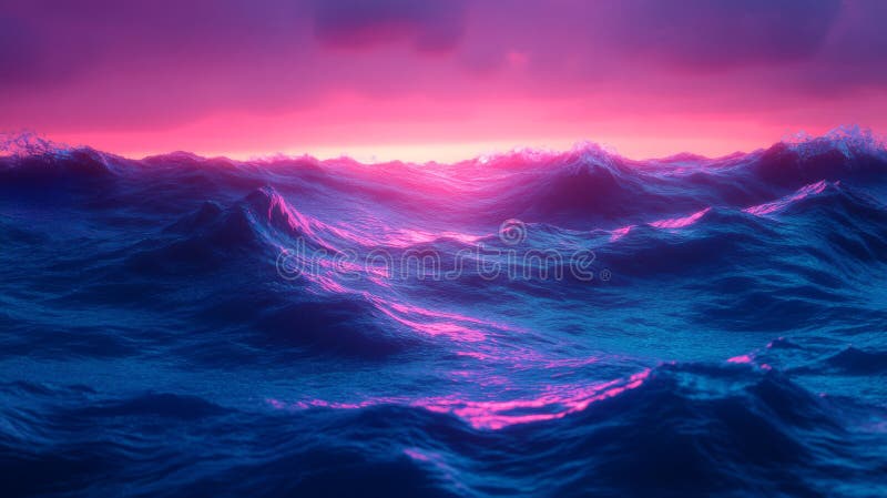 Pink and Blue Digital Ocean Waves at Sunset Stock Illustration ...
