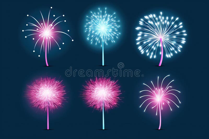 Pink and Blue Fireworks, Set of Different Types of Firework Explosions ...