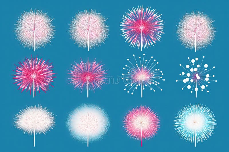 Pink and Blue Fireworks, Set of Different Types of Firework Explosions ...
