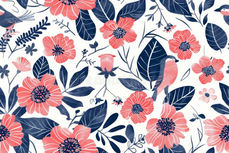 Pink and Blue Floral Pattern with Cute Bird Stock Illustration ...