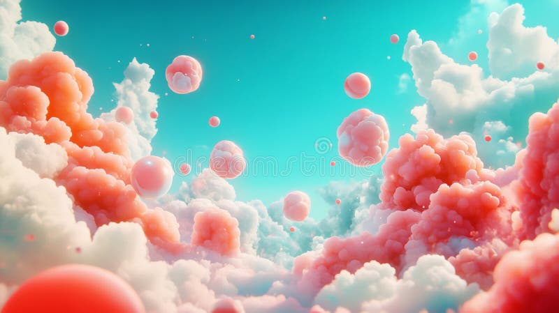 Pink and Blue Fluffy Clouds with Floating Spheres Stock Illustration ...