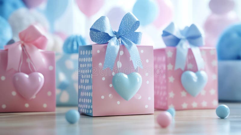 Pink and Blue Gift Boxes with Heart Decorations Stock Illustration ...
