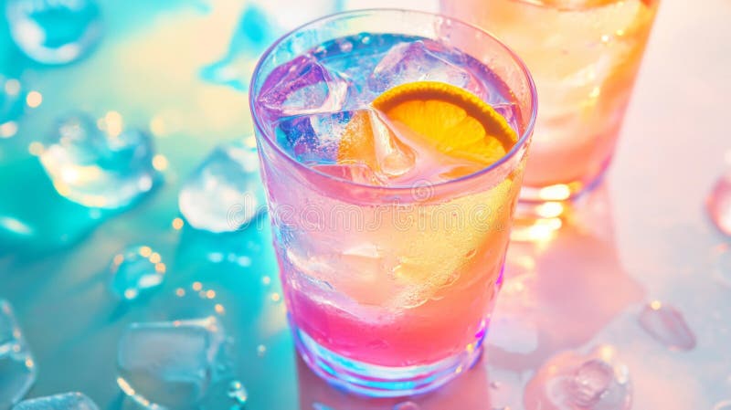 Pink and Blue Gradient Cocktail with Ice and Orange Stock Illustration ...