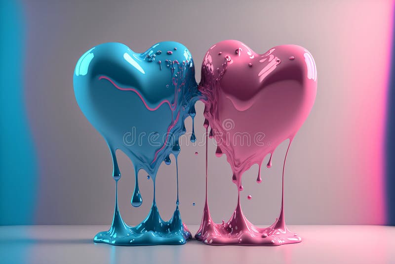 Pink and Blue Hearts with Dripping Paint on Light Background Stock ...