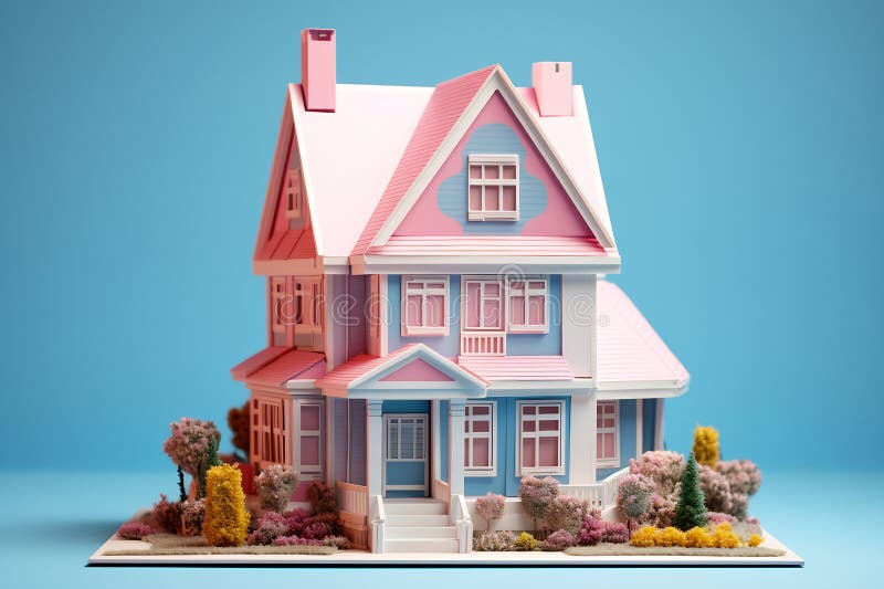 Pink and Blue House on Blue Background Stock Photo - Image of generated ...