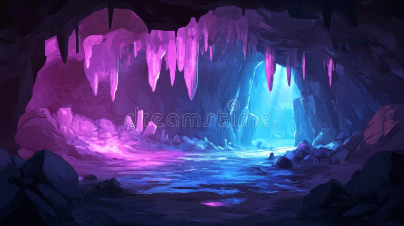 Pink and Blue Illuminated Cave with Stalactites Stock Illustration ...