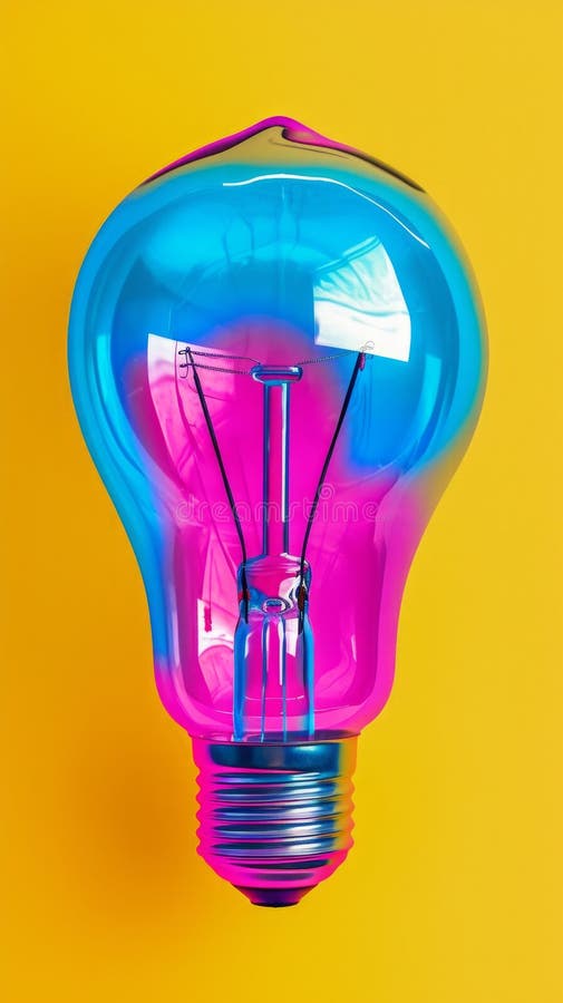 Pink and Blue Light Bulb on Yellow Background, Illuminating Colors ...