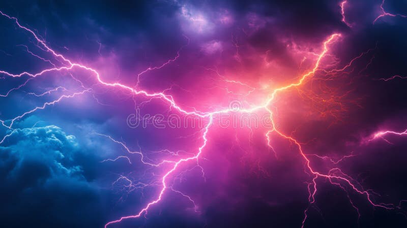 Pink and Blue Lightning Storm in Dark Night Sky Stock Illustration ...