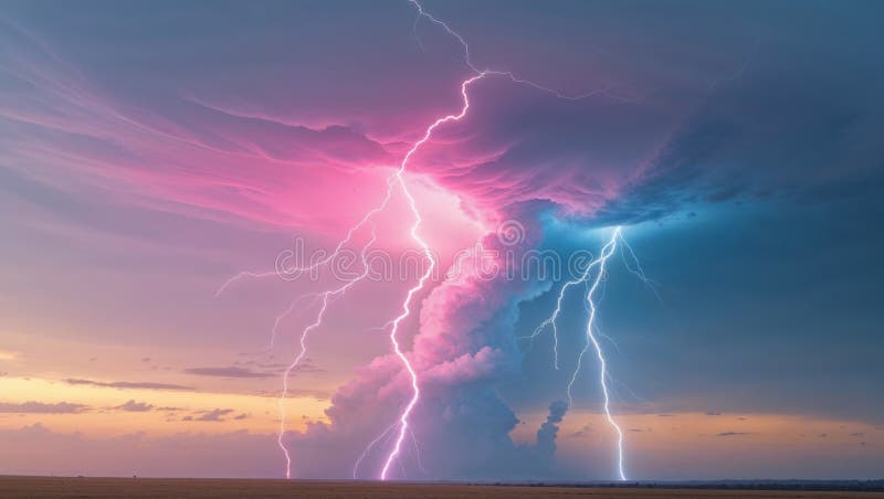 Pink and Blue Lightning Storm Over a Field at Sunset. Stock Image ...