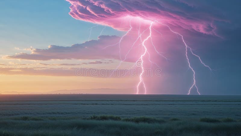 Pink and Blue Lightning Storm Over a Field at Sunset Stock Photo ...