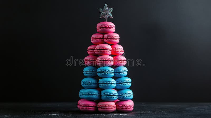 Pink and Blue Macarons Forming a Christmas Tree Shape with a Silver ...