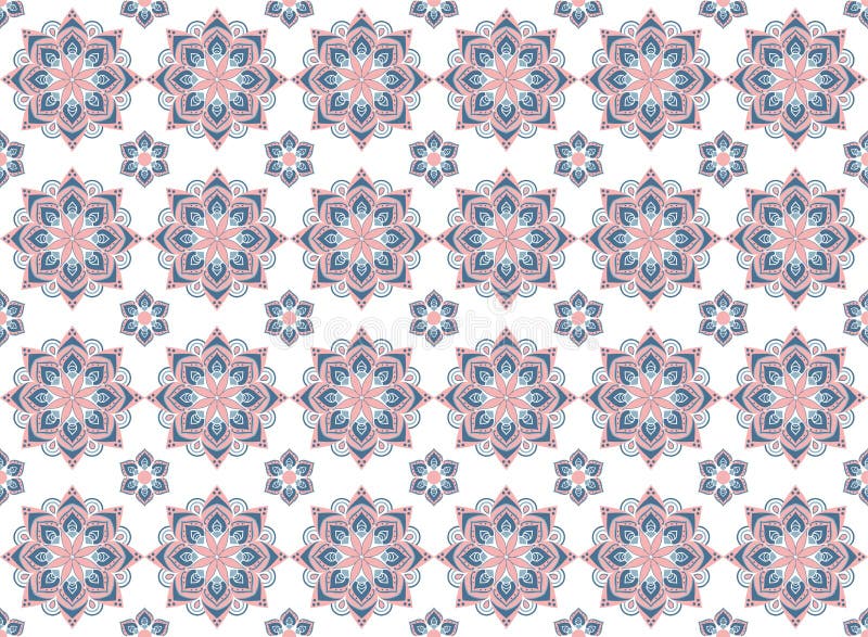 Pink Blue Mandala Seamless Pattern on White Background for Wrapping ...