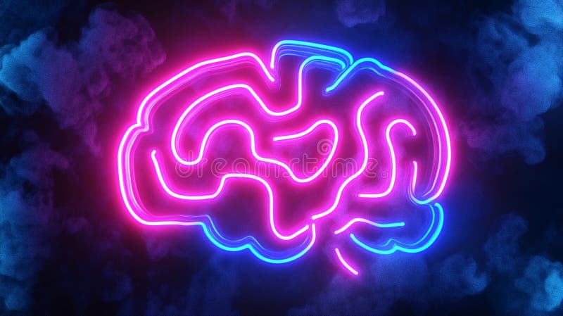 Pink and Blue Neon Brain Outline, Glowing Brightly Against a Dark ...