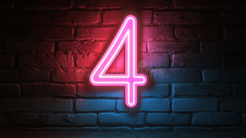 Pink-blue Neon Four on Brick Wall Night Background Design Stock ...