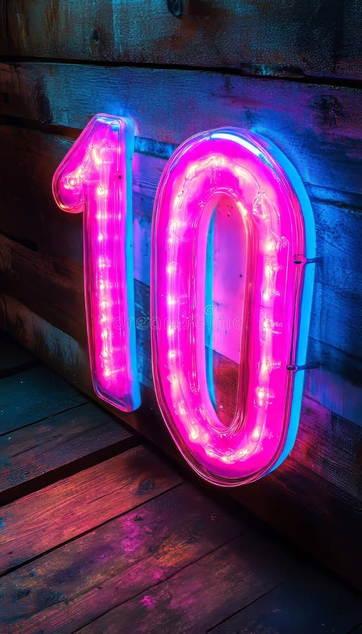 Pink and Blue Neon Number 10 on a Rustic Wooden Background, Illuminated ...