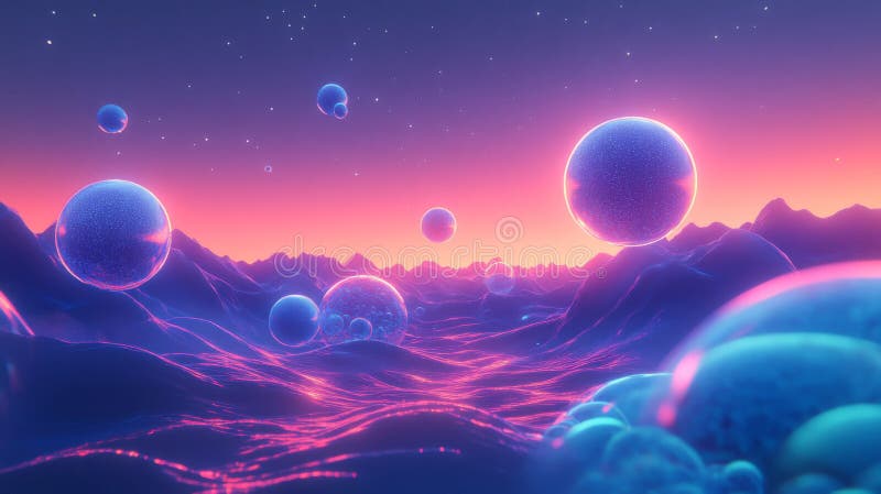Pink and Blue Neon Planet Landscape at Night Stock Illustration ...