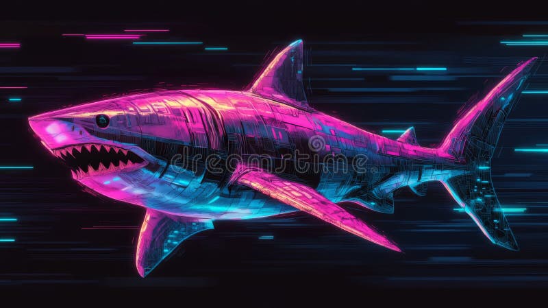 Pink and Blue Neon Shark Digital Art Stock Illustration - Illustration ...
