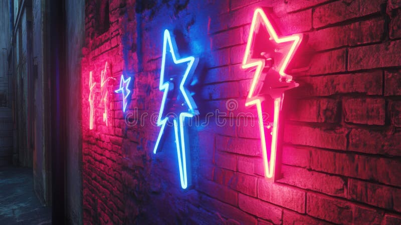 Pink and Blue Neon Signs on Brick Wall at Night Stock Illustration ...