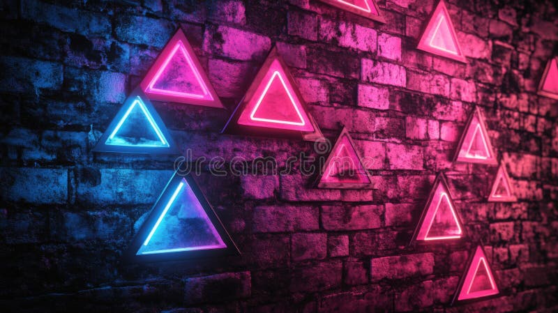 Pink and Blue Neon Triangles on Brick Wall Stock Illustration ...