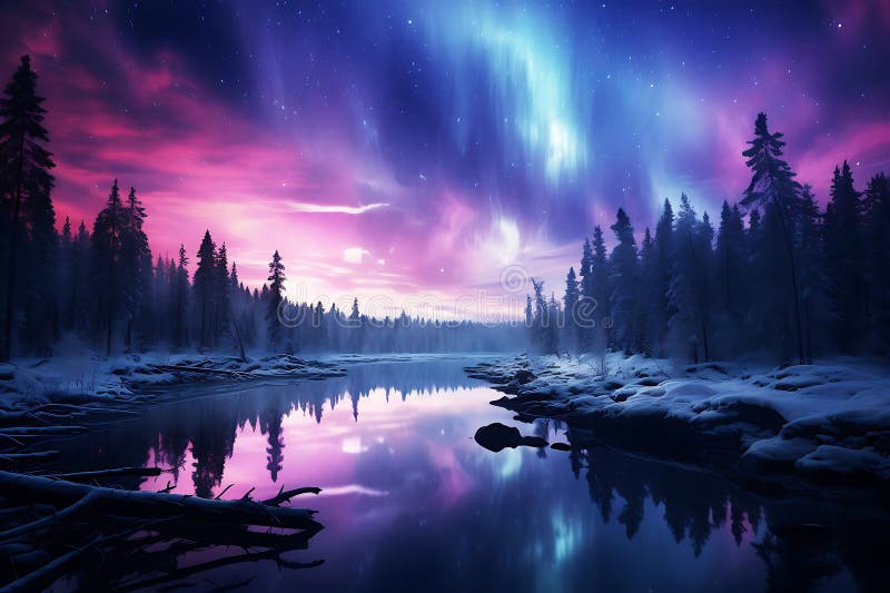 Pink-blue Northern Lights Over Forest and River Stock Photo - Image of ...