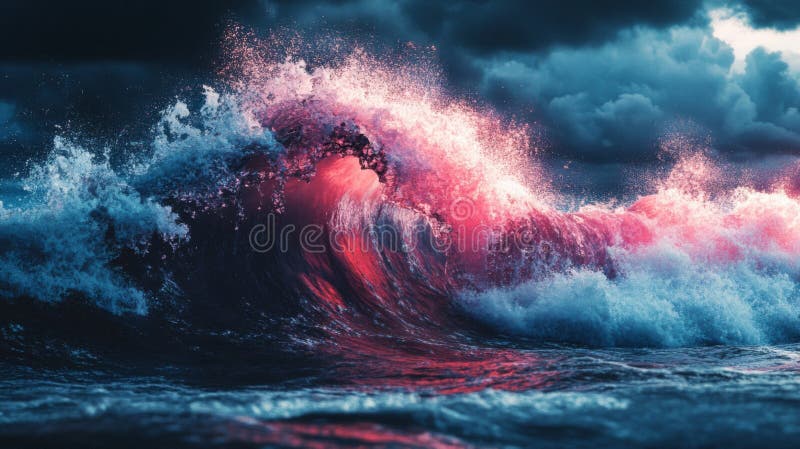 Pink and Blue Ocean Wave with Dramatic Lighting Stock Illustration ...