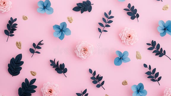 Pink and Blue Paper Flowers Flatlay Pattern Stock Illustration ...