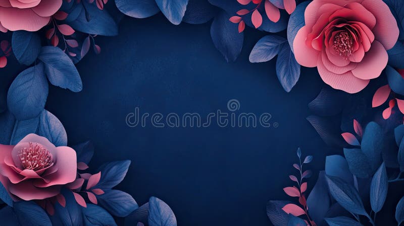 Pink and Blue Paper Flowers Frame on Dark Blue Background Stock ...