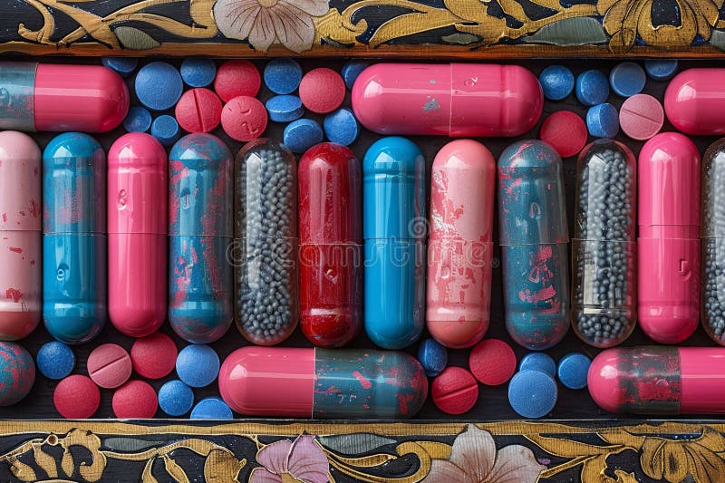 Pink, Blue, Pink and Blue Pill Capsules, in the Style of Unique Framing ...
