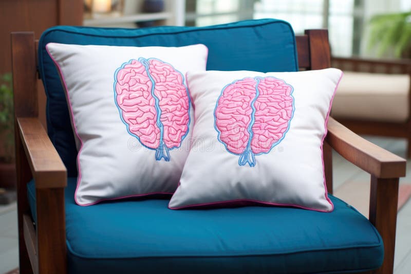 Pink and Blue Pillows with Embroidered Brain Images Stock Image - Image ...