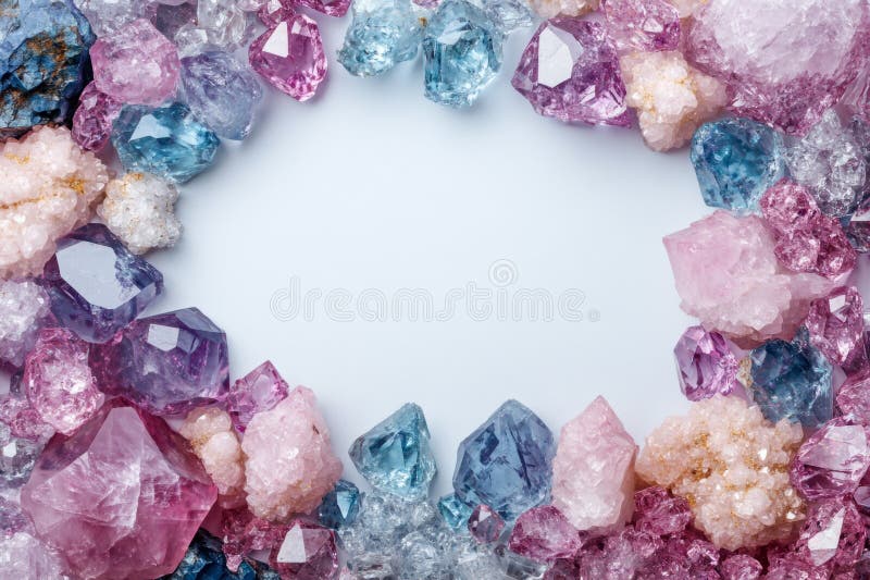 Pink, Blue, and Purple Crystals Creating a Circular Border on a White ...