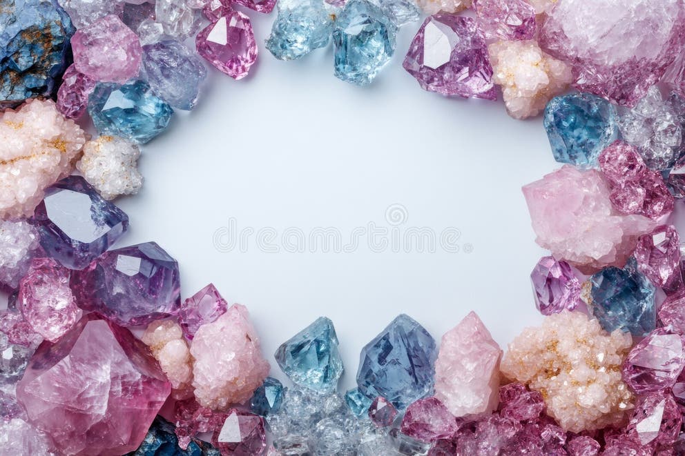 Pink, Blue, and Purple Crystals Creating a Circular Border on a White ...