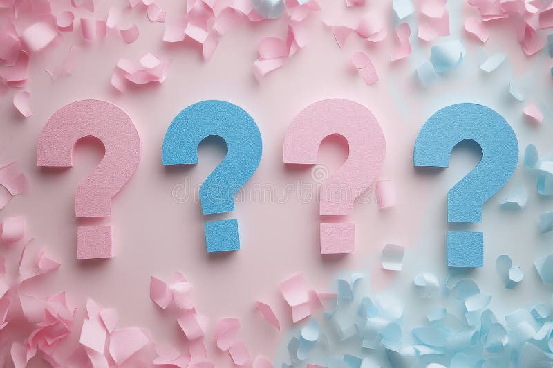 Pink and Blue Question Marks Surrounded by Confetti on Pink and Blue ...