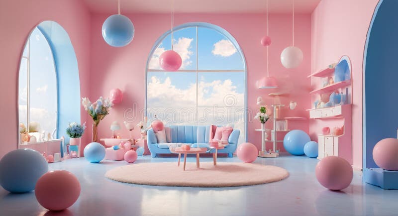 A Pink and Blue Room with Balls on the Floor Stock Image - Image of ...