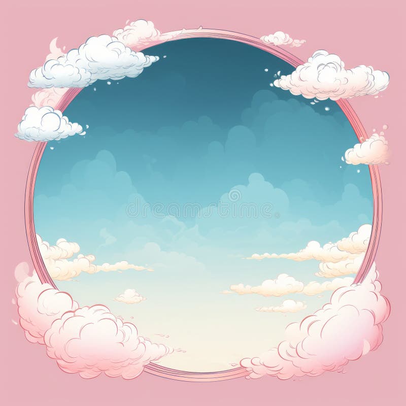 Pink and Blue Sky with Clouds in a Round Frame on a Pink Background ...