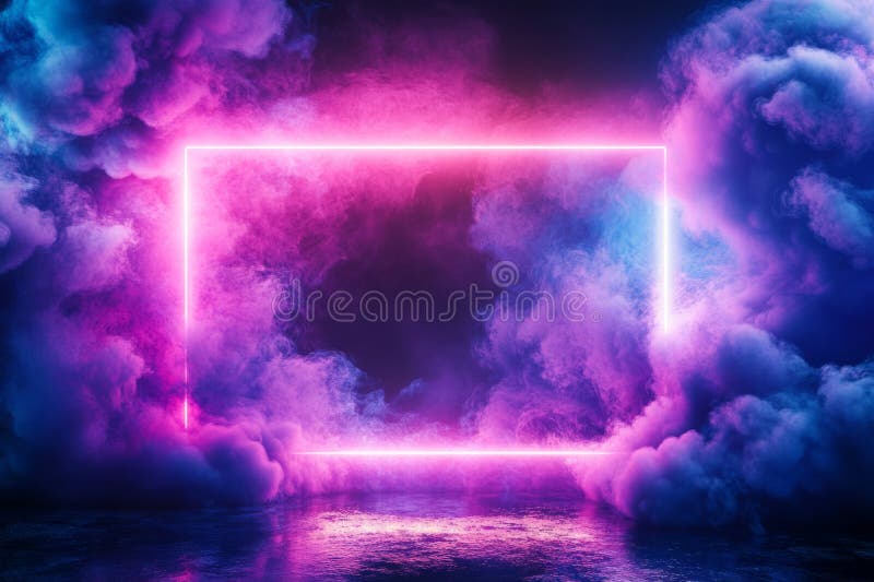 Pink and Blue Smoke Swirling Around Glowing Neon Rectangle Frame on Wet ...