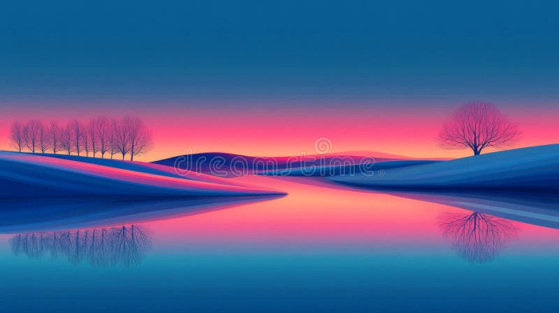 Pink and Blue Sunset Landscape Reflection Stock Illustration ...