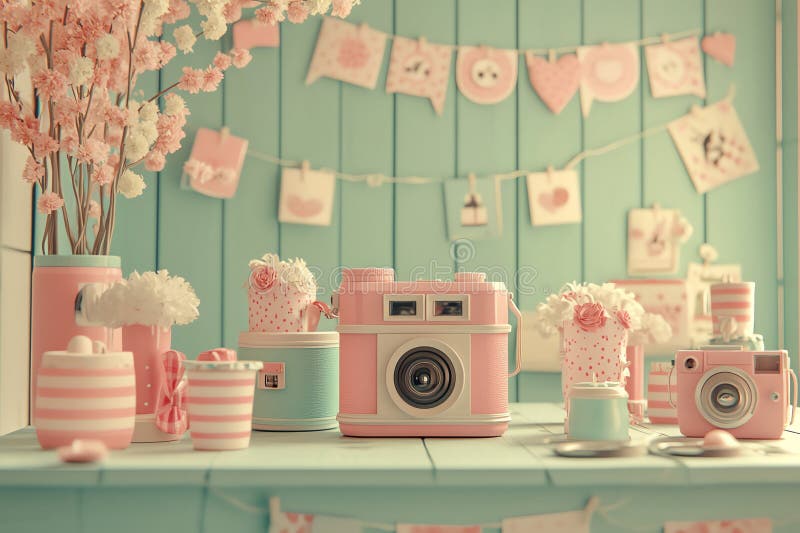 A Pink and Blue Vintage Camera Sits on a Table with Pastel Decorations ...